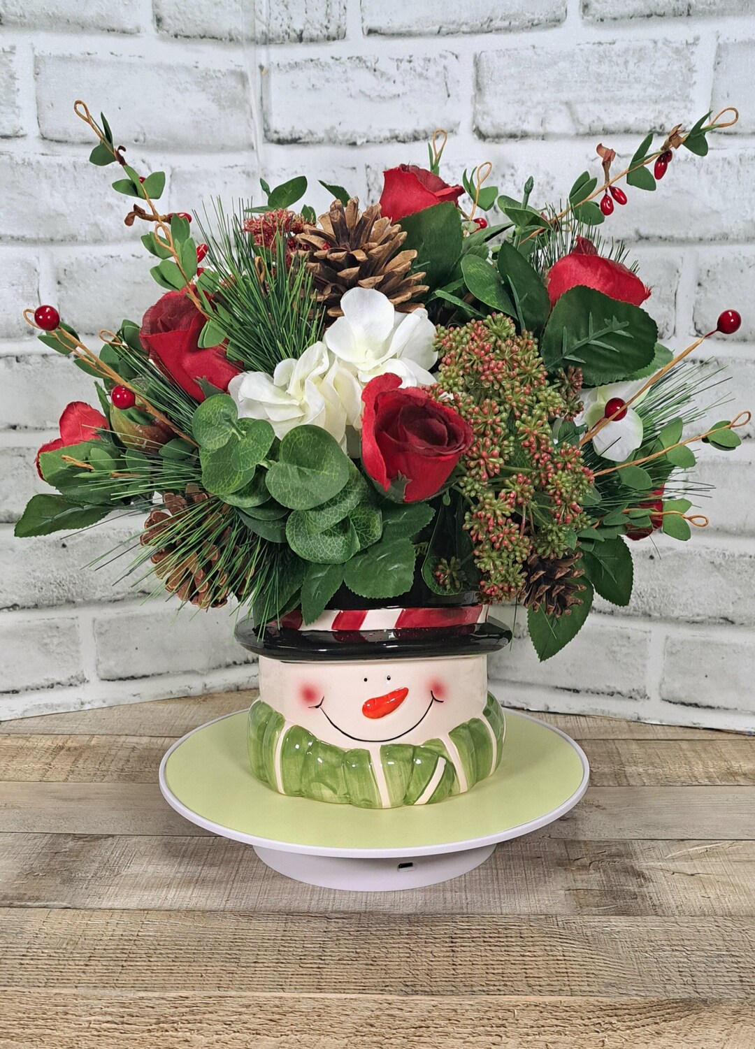 Christmas Centerpiece in Ceramic Snowman Vase, Christmas Table ...