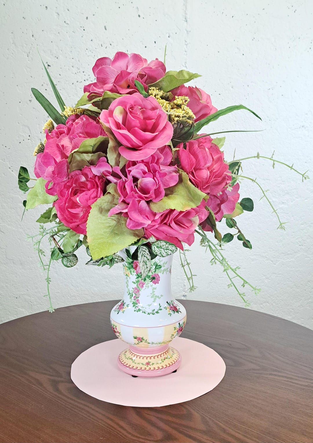 Pink Rose Table Centerpiece, Tall Pink Flower Arrangement in White ...