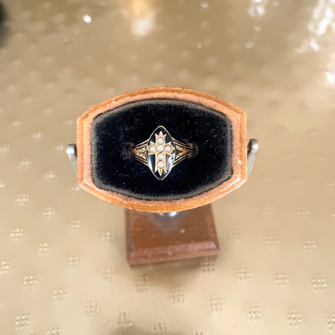 Antique 18k Black Enamel Memorial Seed Pearl Cross Ring With Locket ...