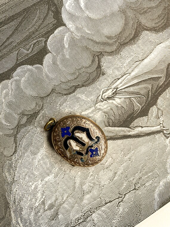 Gold Plate Locket with Enamel Monogram, Photo, Cloth - Gem