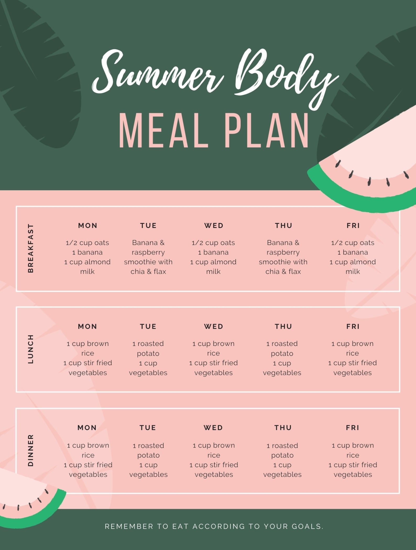 Summer Body Weekly Meal Plan | Meal Planner Printable, Weekly Meal ...