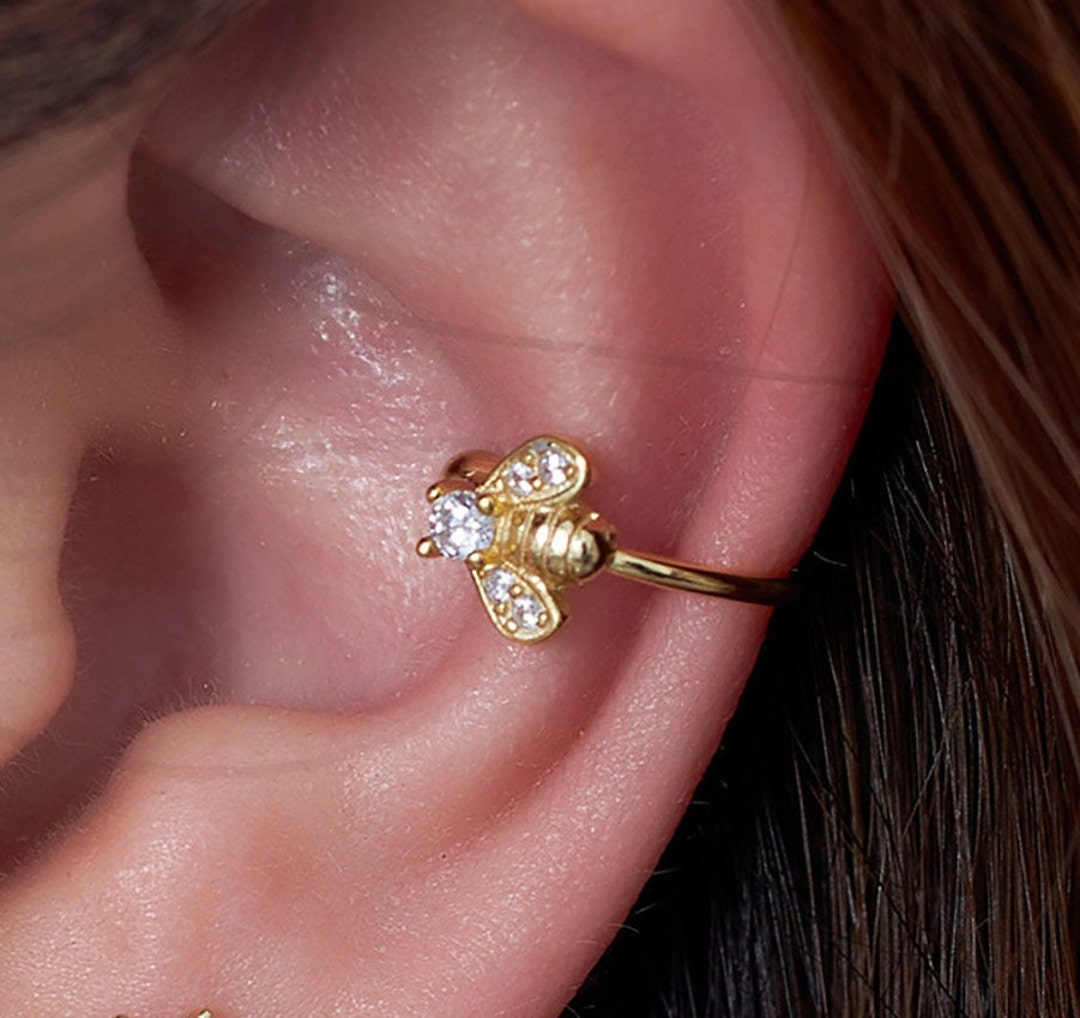 Tiny Bee Ear Cuff, CZ Paved Bee Earring With No Piercing, Fake Piercing ...