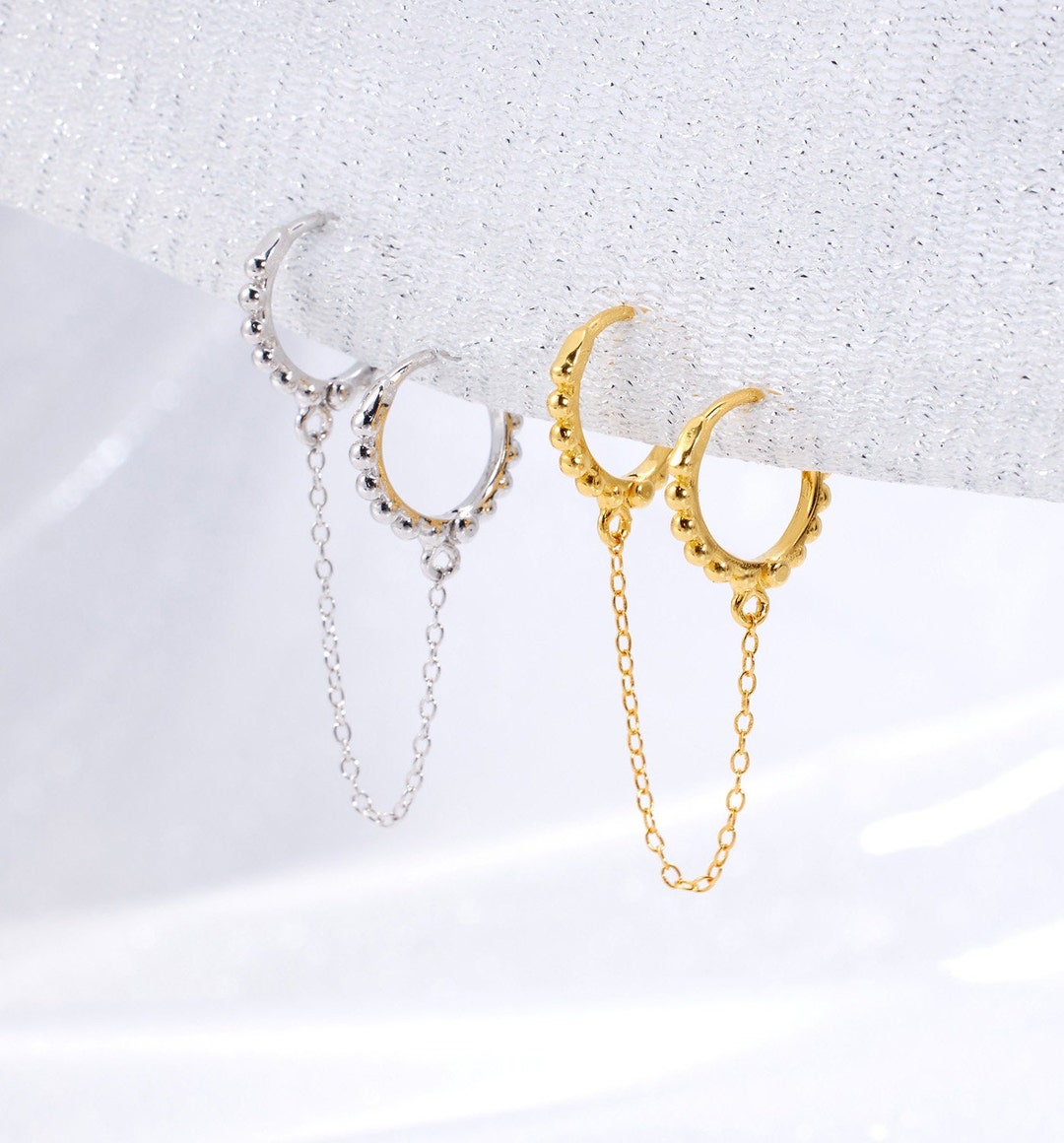 Tiny Gold Double Piercing, Chain Hoop Earrings, Hoop Earring Linking ...