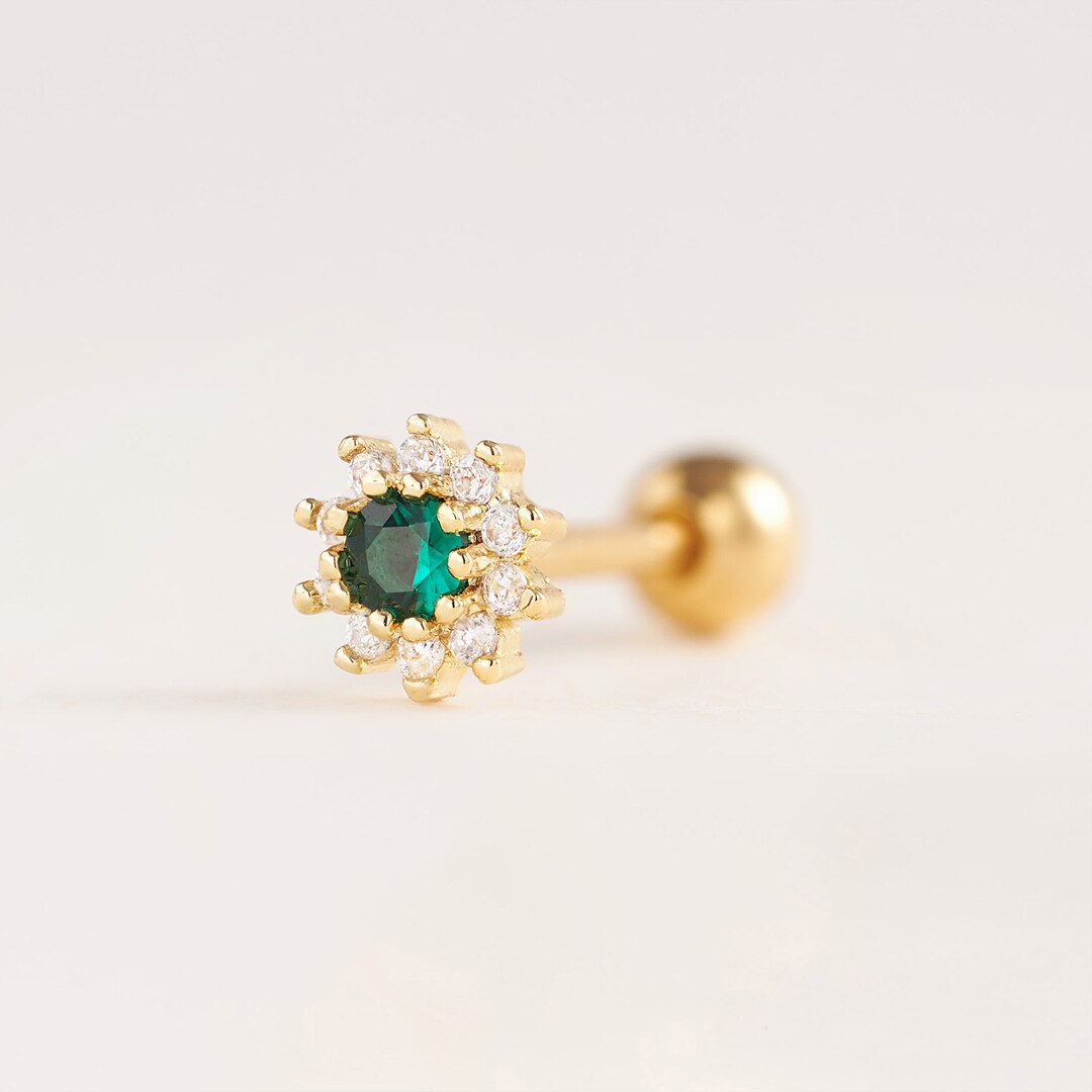 Emerald Flower Piercing, 18G Helix Piercing, Birthstone Jewelry, May ...