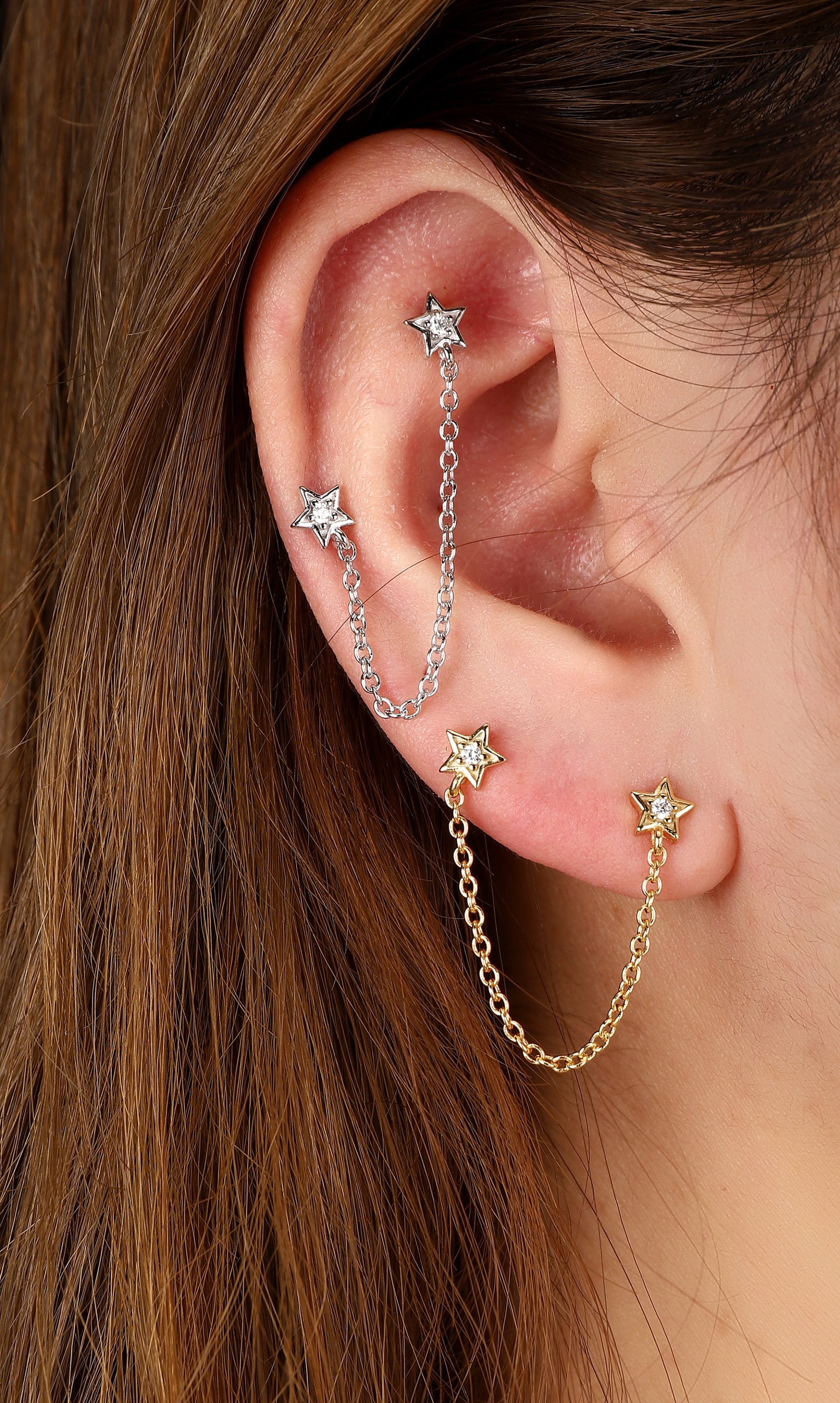 Cz Star Connected Earrins Double Piercings Earrings Helix | Etsy