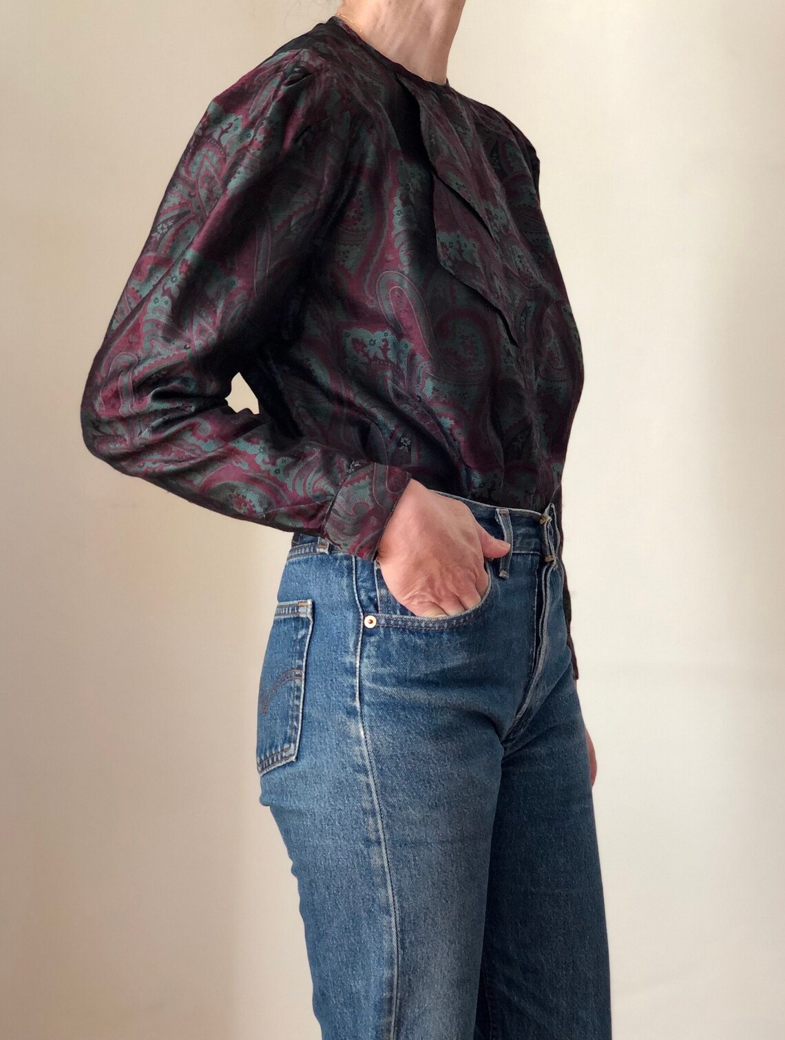 1980s Vintage Alan Austin Paisley Silk Jacquard Ruffle Bib Blouse 80s ...