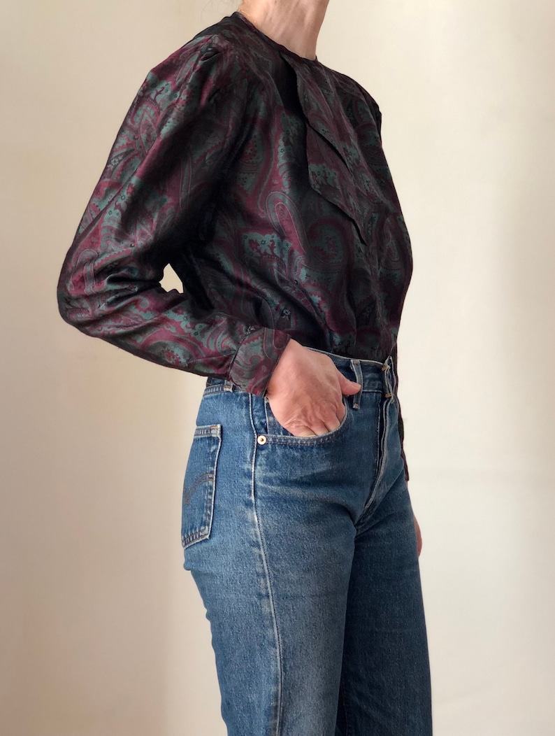 1980s Vintage Alan Austin Paisley Silk Jacquard Ruffle Bib Blouse 80s ...