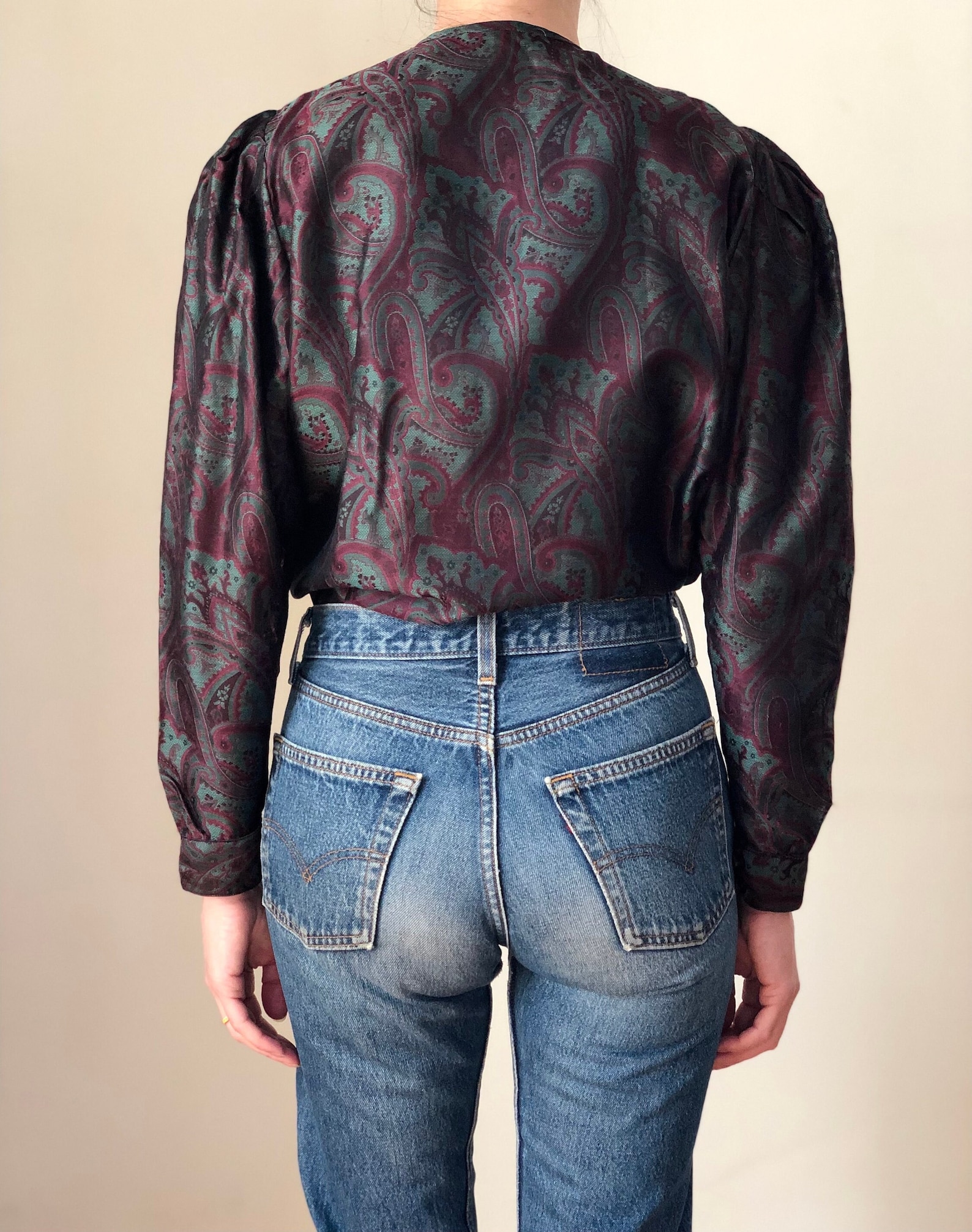 1980s Vintage Alan Austin Paisley Silk Jacquard Ruffle Bib Blouse 80s ...