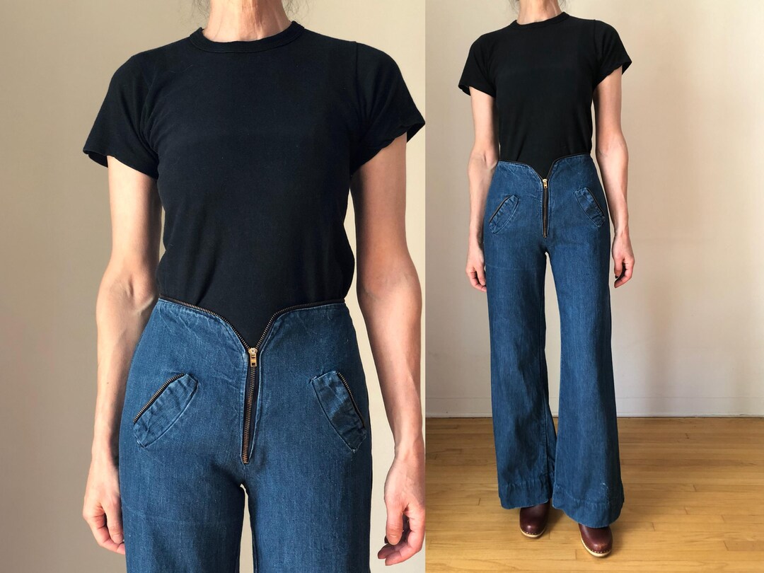 1970s Vintage Zipper Waist Flare Jeans 70s Exposed Zipper Wide Leg ...