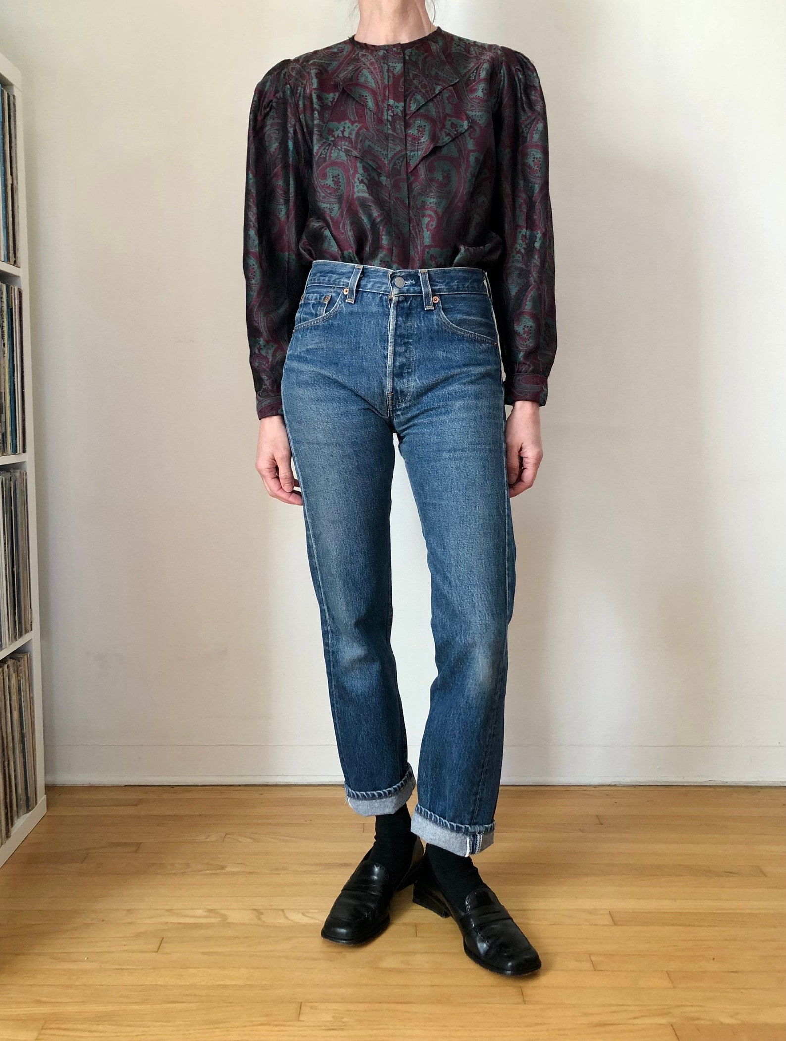 1980s Vintage Alan Austin Paisley Silk Jacquard Ruffle Bib Blouse 80s ...
