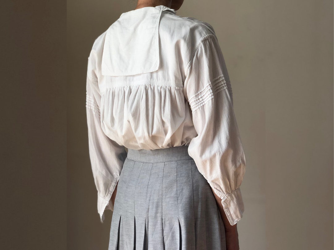 Antique White Cotton Pintuck Smock Pleated Sailor Collar Blouse XS S - Etsy