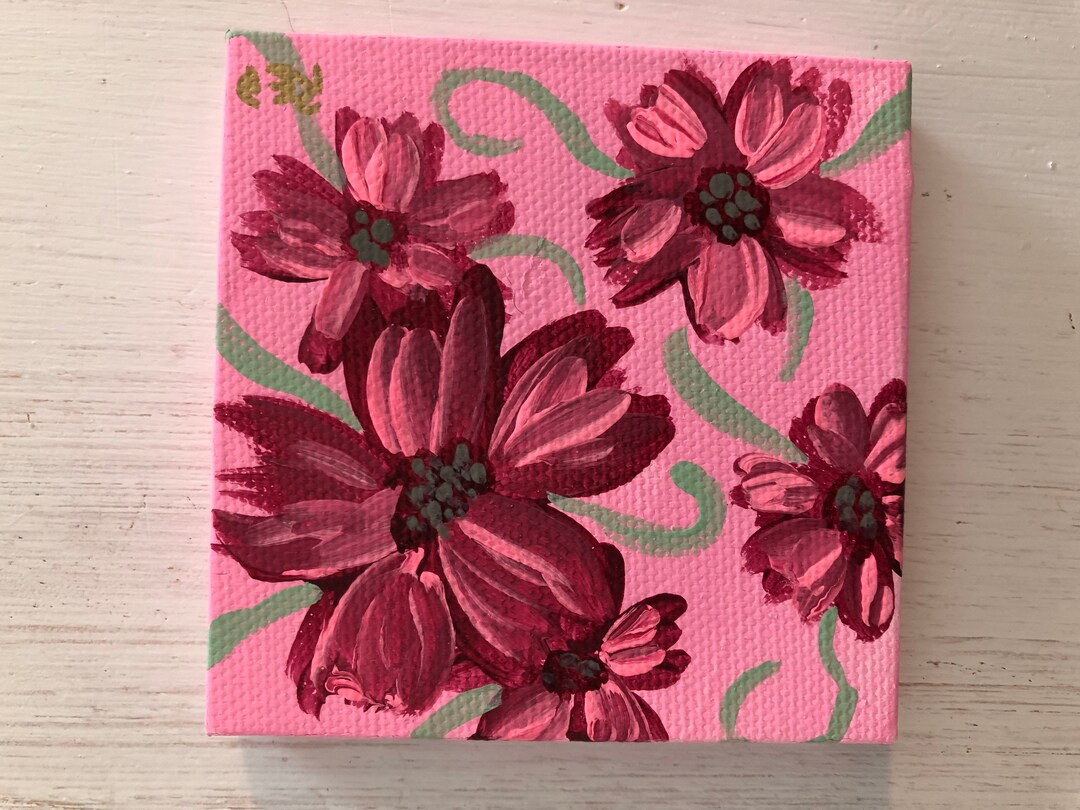 Mini Pink Flowers No. 7: Original 2x2in Acrylic Fine Art. Fine Art Mini ...