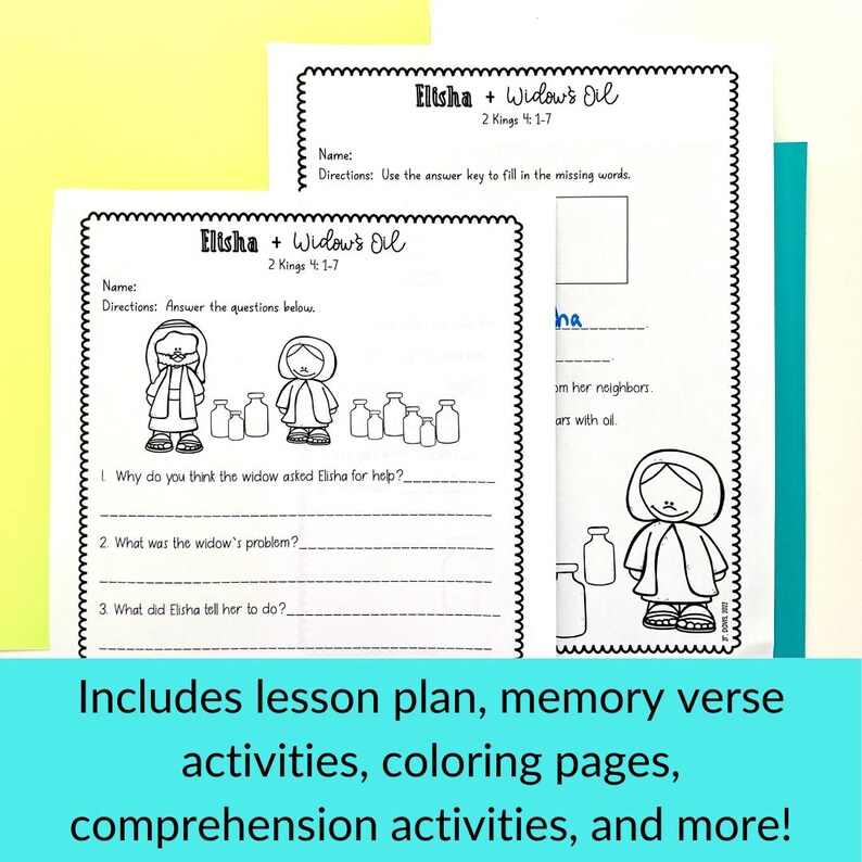 Elisha Widow's Oil Miracle Bible Lesson With Printable Activity Sheets ...