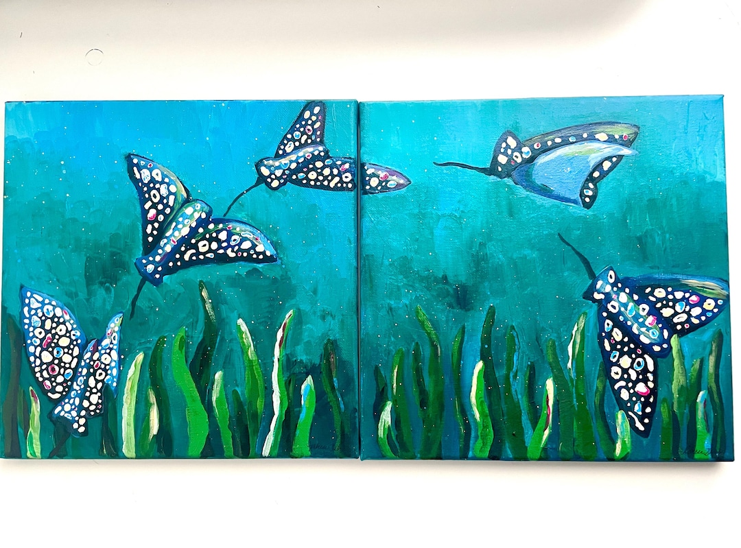 Stingray Flight Original Painting SET OF 2 10x10in | Coastal Decor Wall ...