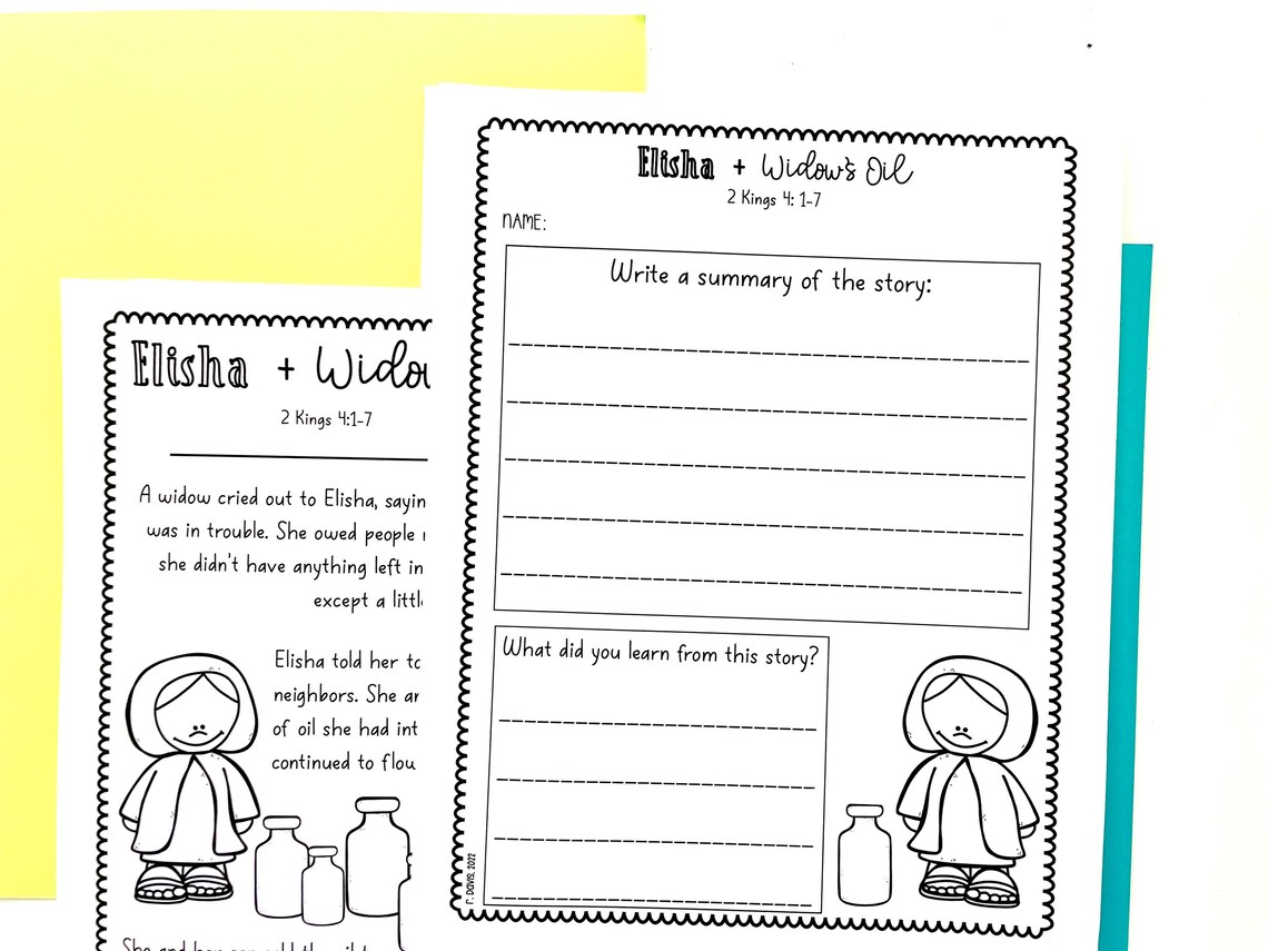 Elisha Widow's Oil Miracle Bible Lesson With Printable Activity Sheets ...