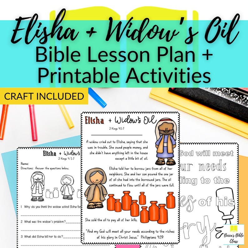 Elisha Widow's Oil Miracle Bible Lesson With Printable Activity Sheets ...