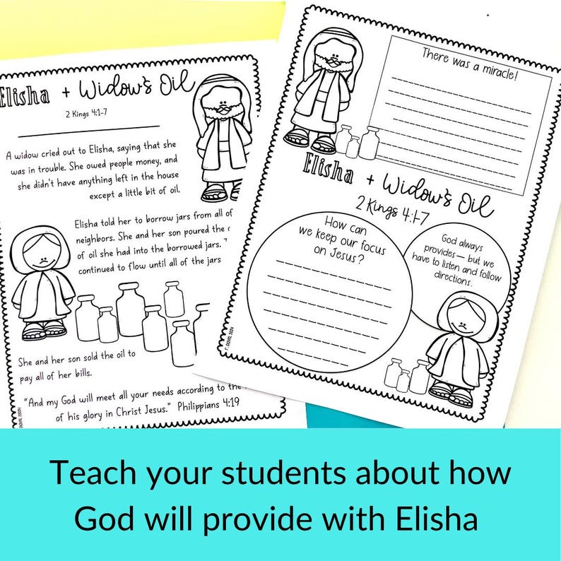 Elisha Widow's Oil Miracle Bible Lesson With Printable Activity Sheets ...