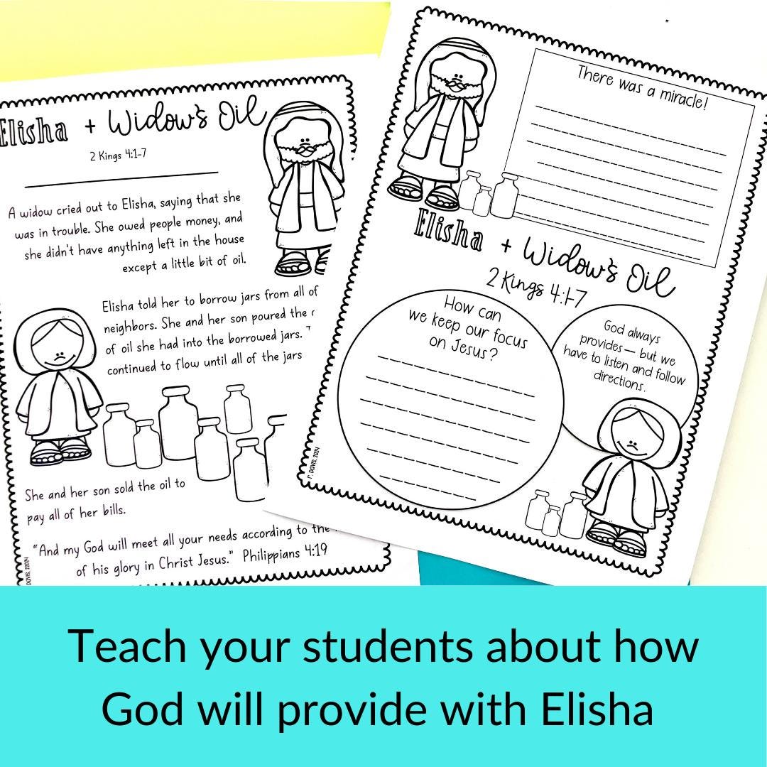 Elisha Widow's Oil Miracle Bible Lesson With Printable Activity Sheets ...