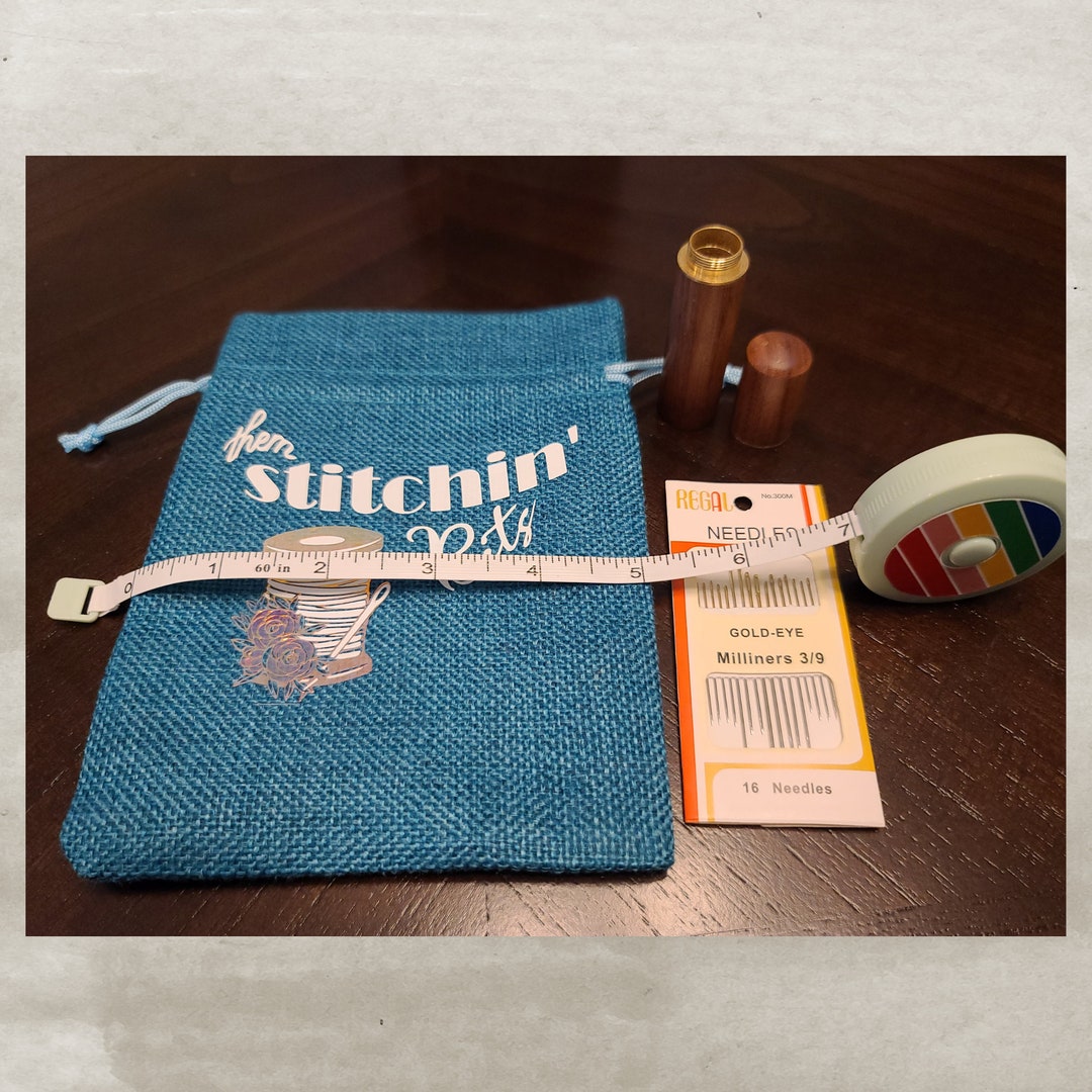Them Stitchin Bits Hand Sewing Bag Kit, Teal Drawstring Burlap Bag With ...