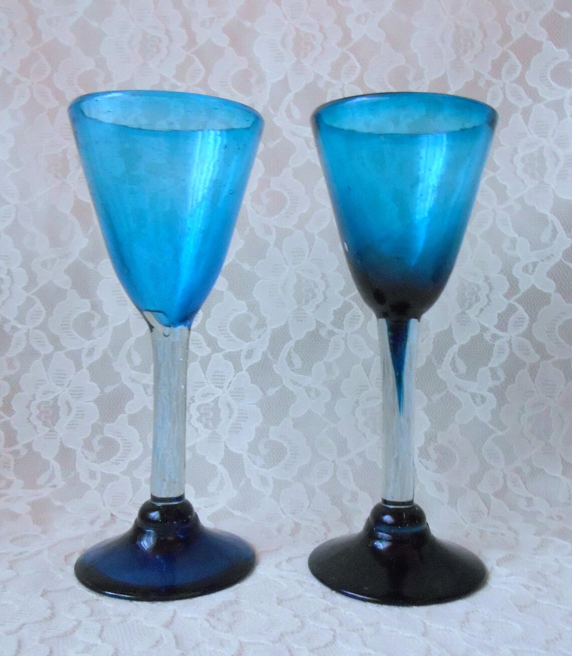 Vintage Goblets Blue Turquoise Glass Hand Blown Mexican Barware ...