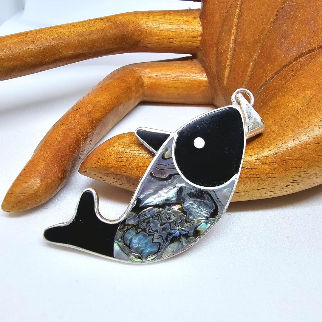 Abalone Shell Fish Pendant • Black Resin Inlay Necklace • Handmade ...