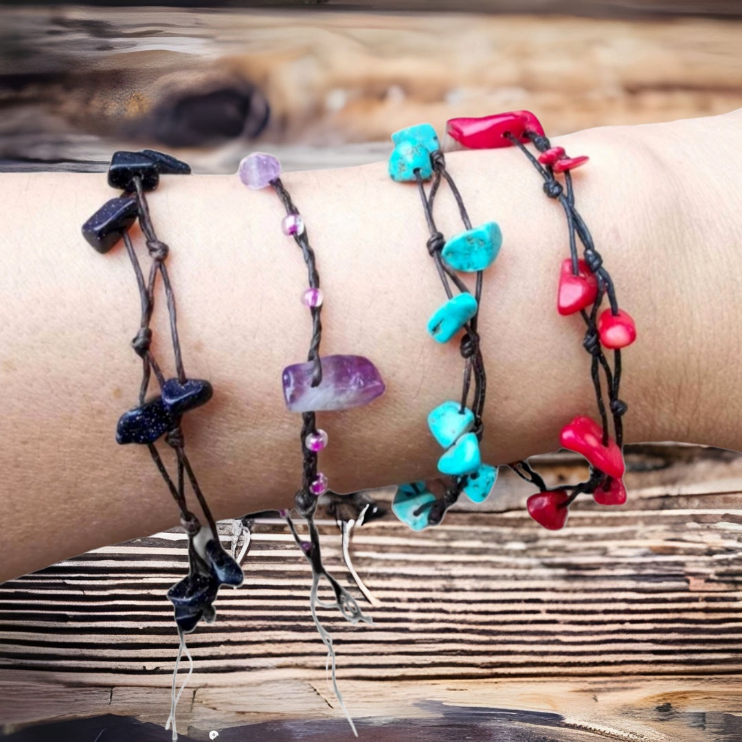 Gemstone Bracelet, Wax Cord Medium Size Anklet, Beaded Floral Design ...