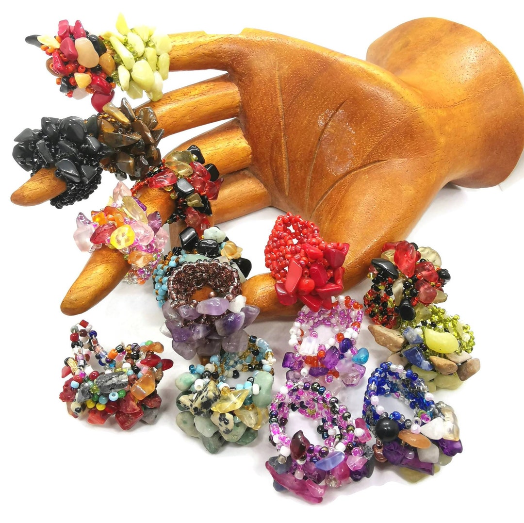 Gemstone Rings, Resin Beaded Rings, Elasticated, Mexican Ring ...