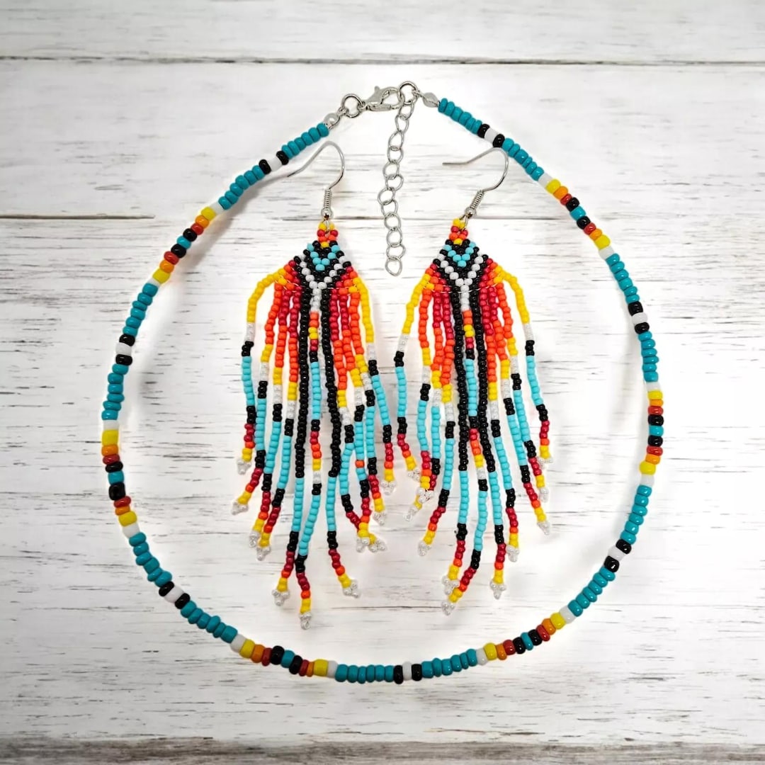 Hand Beaded Native American Style Jewellery Set – Multicolour Earrings ...