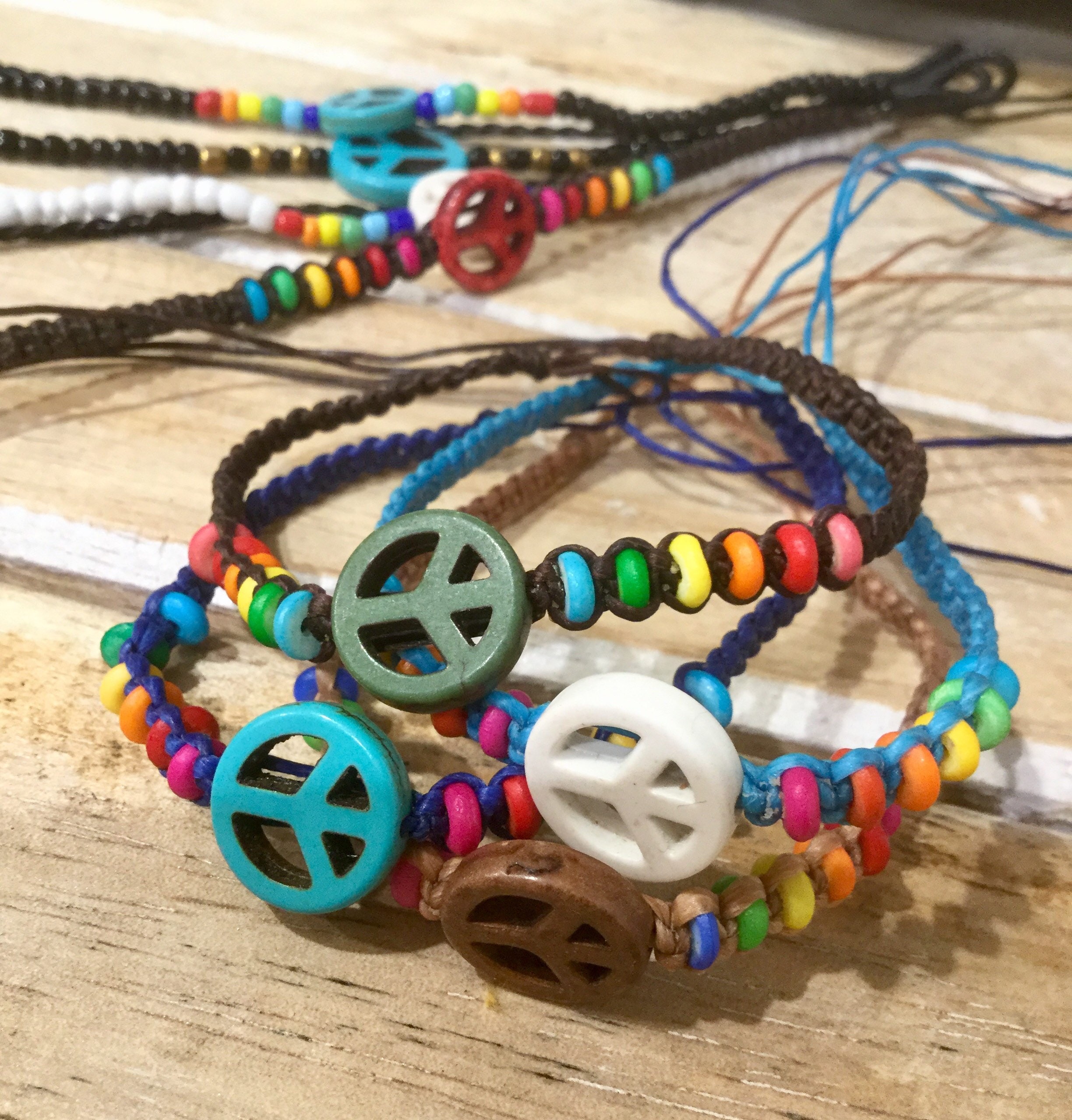 Peace Sign Bracelet or Anklet Beaded Multicolor Wax Cord | Etsy
