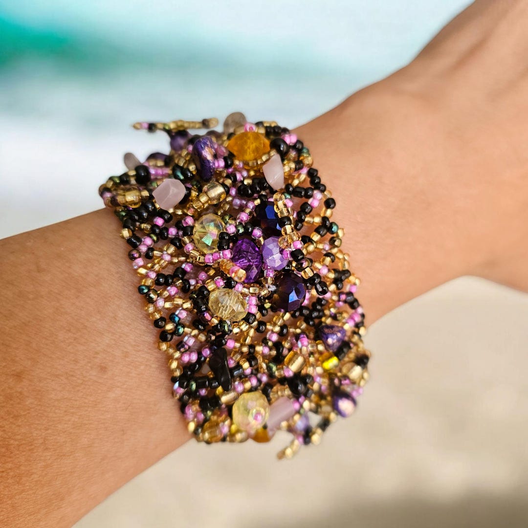 Wide Beaded Bracelet, Floral Beaded Cuff, Wide Beaded Cuff Bracelet ...