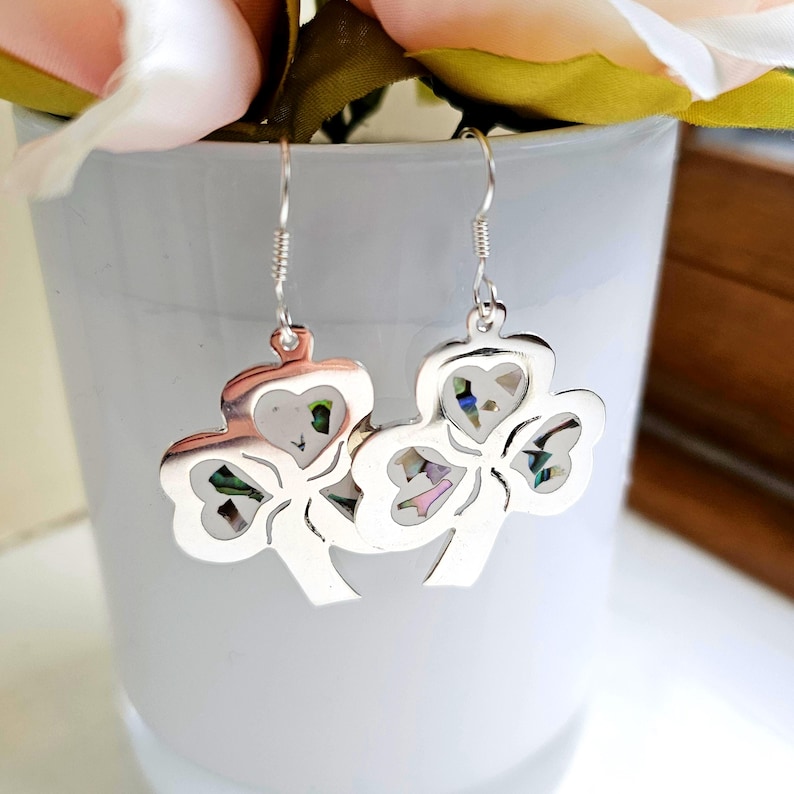 Silver Abalone Shamrock Earrings • Mexican Clover Dangles • Lucky Irish ...