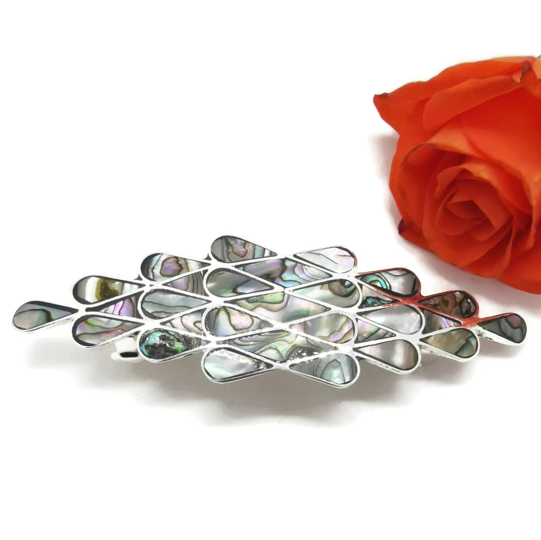 Mother of Pearl, Abalone Shell, Hair Barrette, Silver Plated, Honeycomb ...