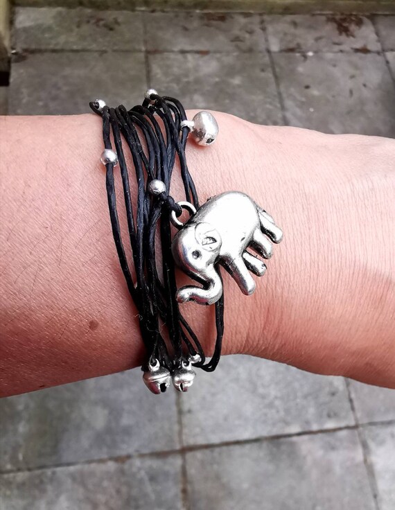 Elephant Bracelet Wax Cord Multi Strand Bracelet With Bells Elephant Wristband black and Silver Colour Boho Chic hippie Animal Jewelry Etsy
