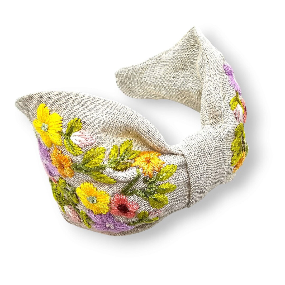 Hand Embroidered Floral Headband Linen Hair Accessory Vintage Style ...