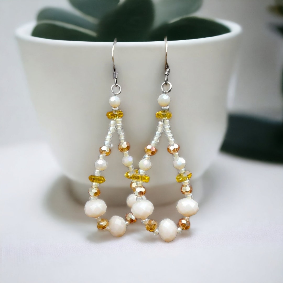 Teardrop Beaded Earrings, Ivory and Gold Coloured, Sparkling Crystal ...