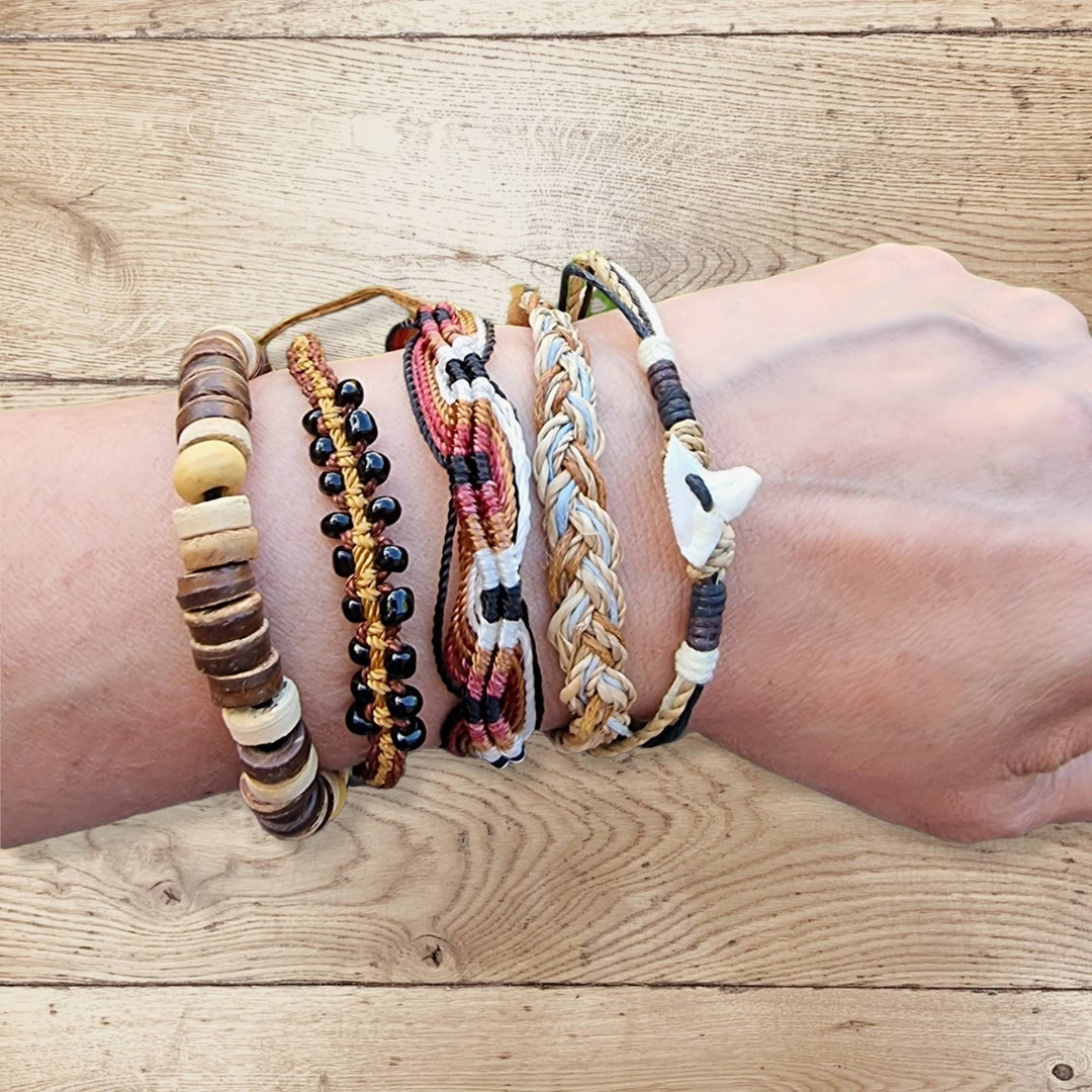 Set of 5 Men's Bracelets / Shark Tooth Cord Bracelet/ Woven Cotton ...