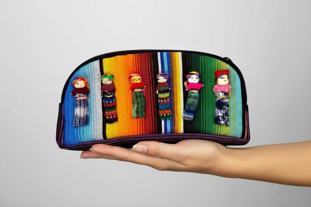 Padded Guatemalan Worry Doll Clutch Bag - Handmade Mayan Textile Pouch ...