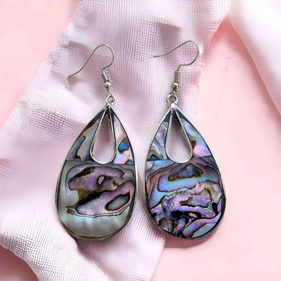 Paua Earrings, Mexican Abalone Inlay Shell Earrings, Teardrop Design ...