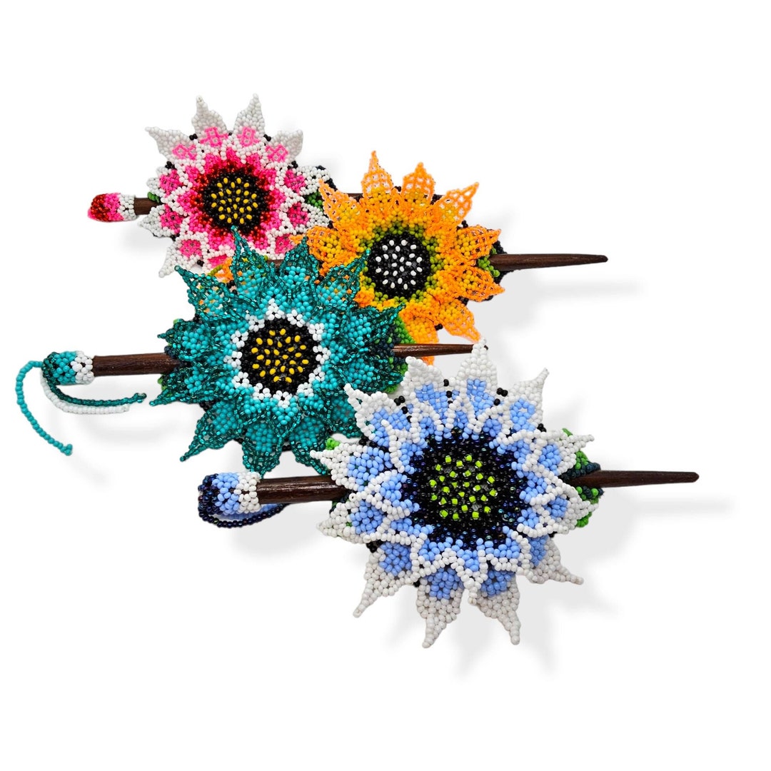Floral Beaded Hair Slide With Wooden Pin or Stick Bohemian - Etsy