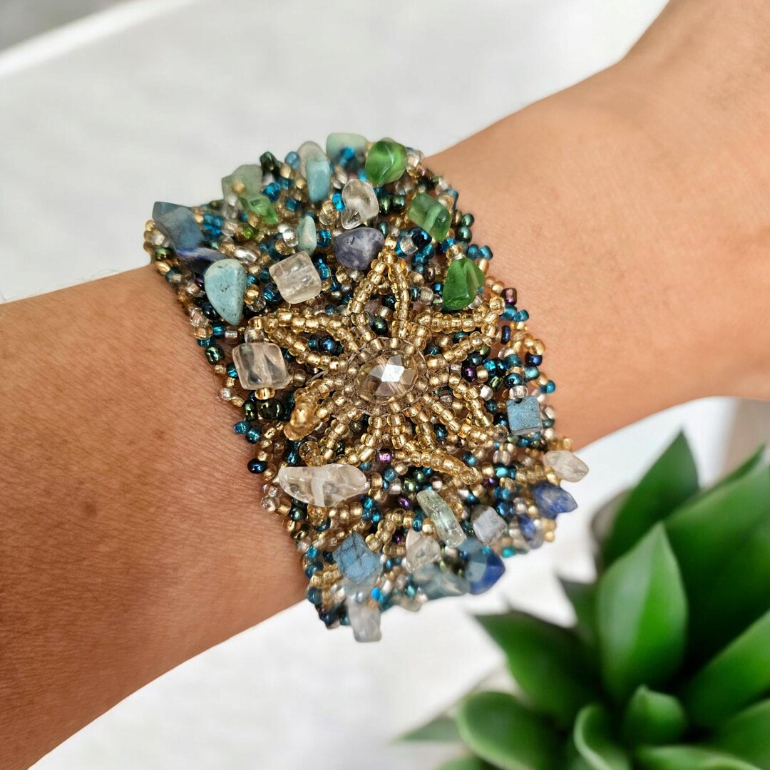 Handmade Floral Beaded Cuff Bracelet | Wide Statement Bohemian Cuff ...