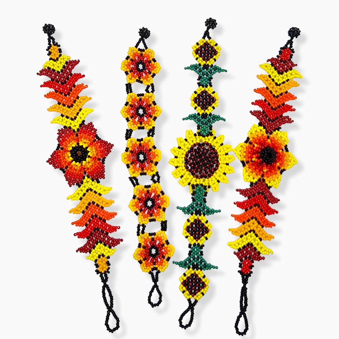 Mexican Huichol Beaded Bracelet Daisy and Sunflower Bracelet Bohemian ...