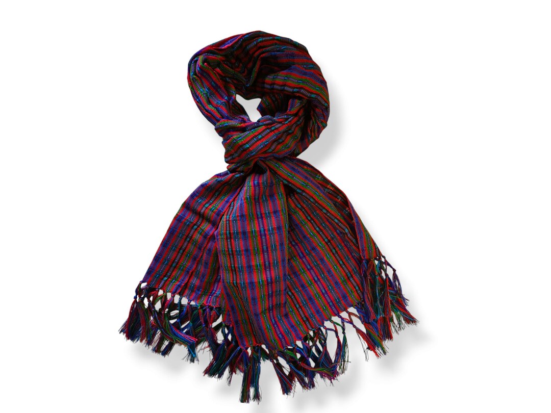 Guatemalan Red Green Striped Scarf - Fringed Wrap - Medium Size Scarf ...