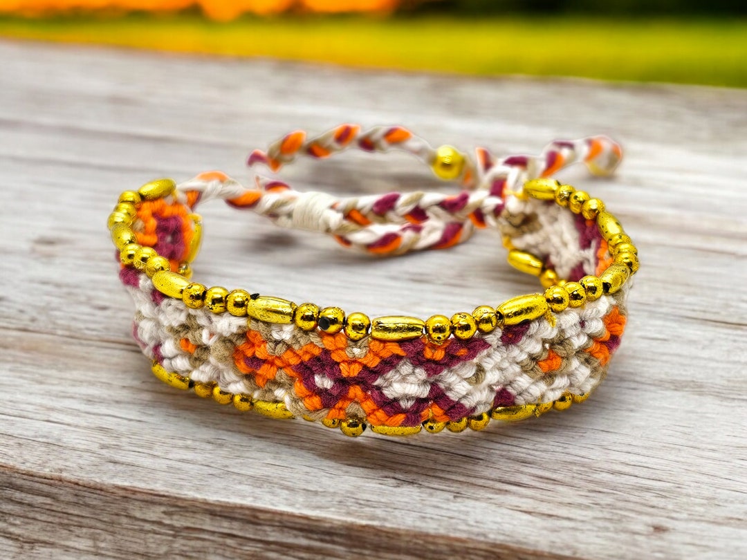 Arrowhead Friendship Bracelet With Golden Bead Border, Summer Woven ...