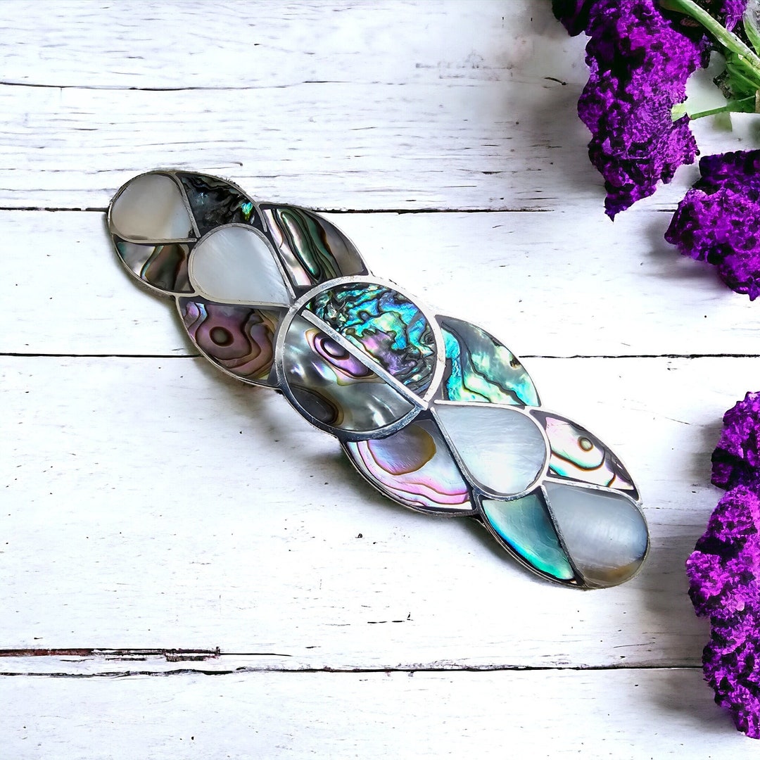 Mother of Pearl Hair Barrette Art Deco Style Abalone Shell Clip, Silver ...