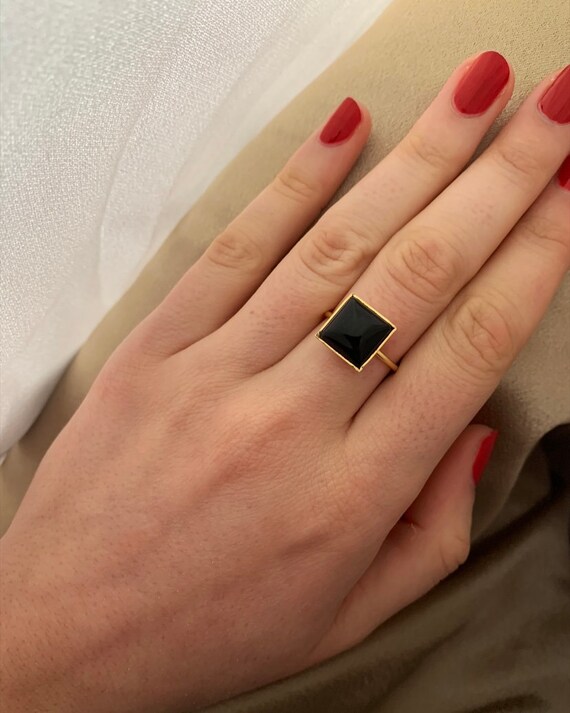 Golden square woman ring with semi precious stone fine gold / | Etsy