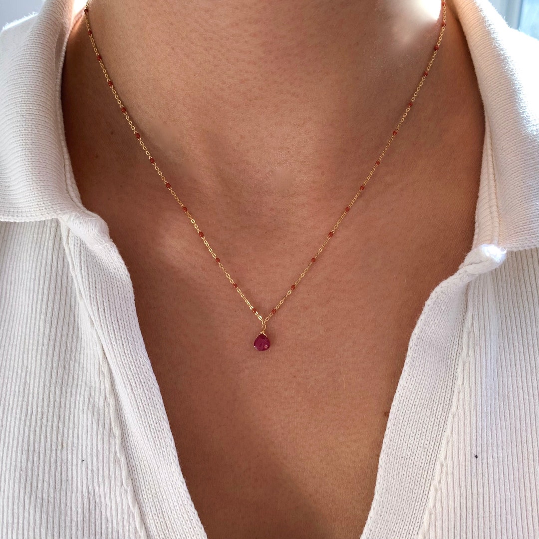 Collier acier inoxydable pendentif pierre rose fuschia / Collier femme ...