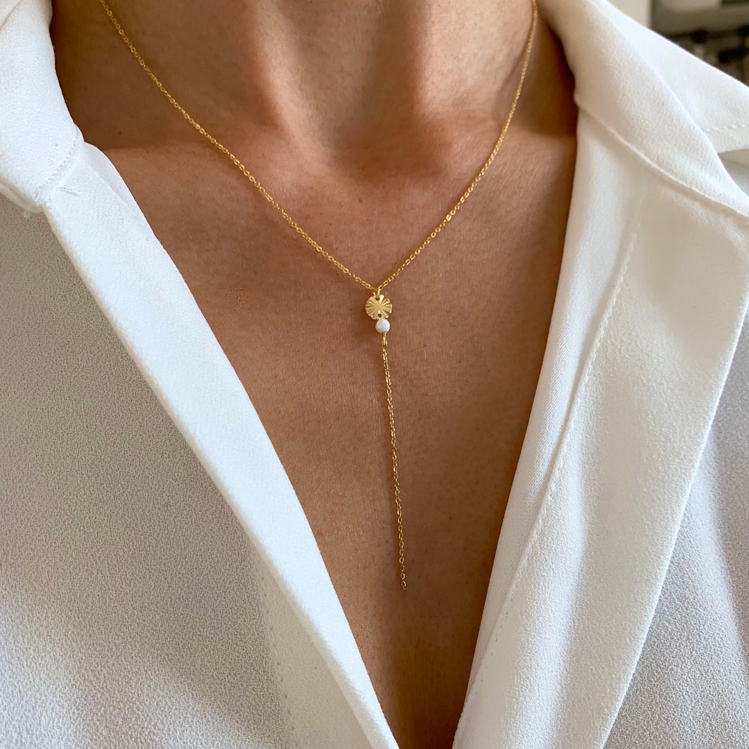 Fine Necklace Pendant White Stone Round Medal / Long Minimalist Women's ...