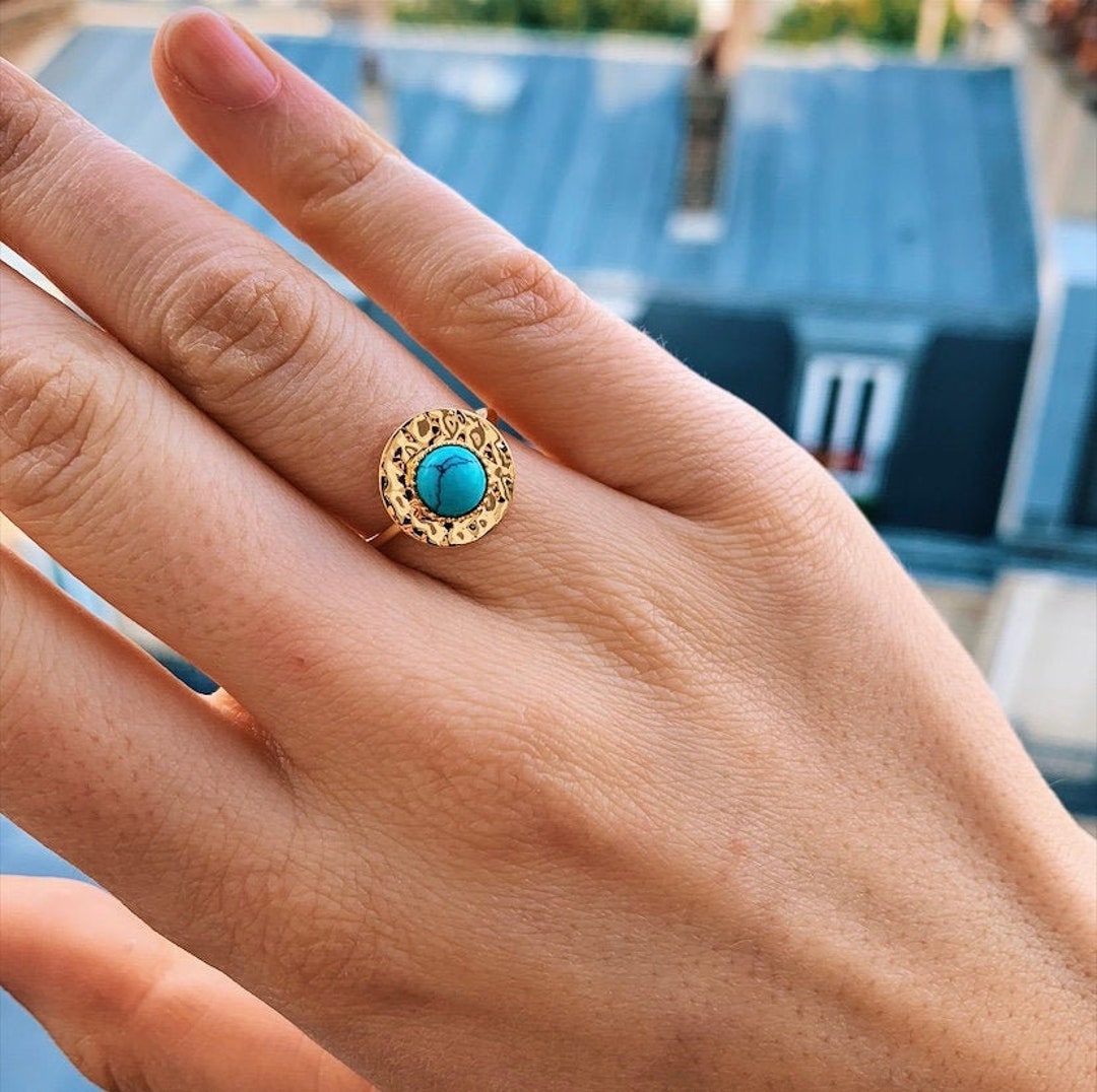 Golden Women's Ring With Fine Gold Turquoise Round Stone / Adjustable ...