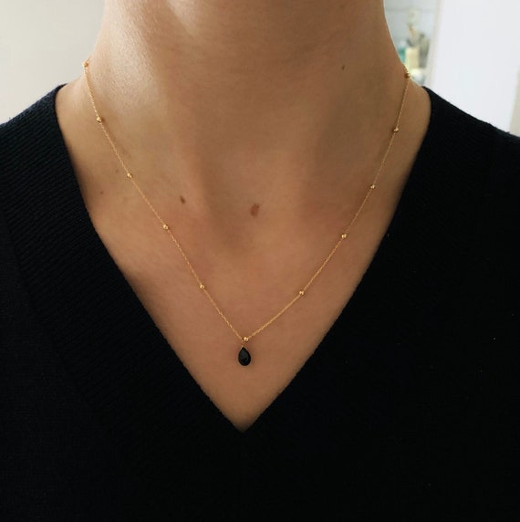Collier fin pendentif pierre onyx noire / Collier femme - Etsy France