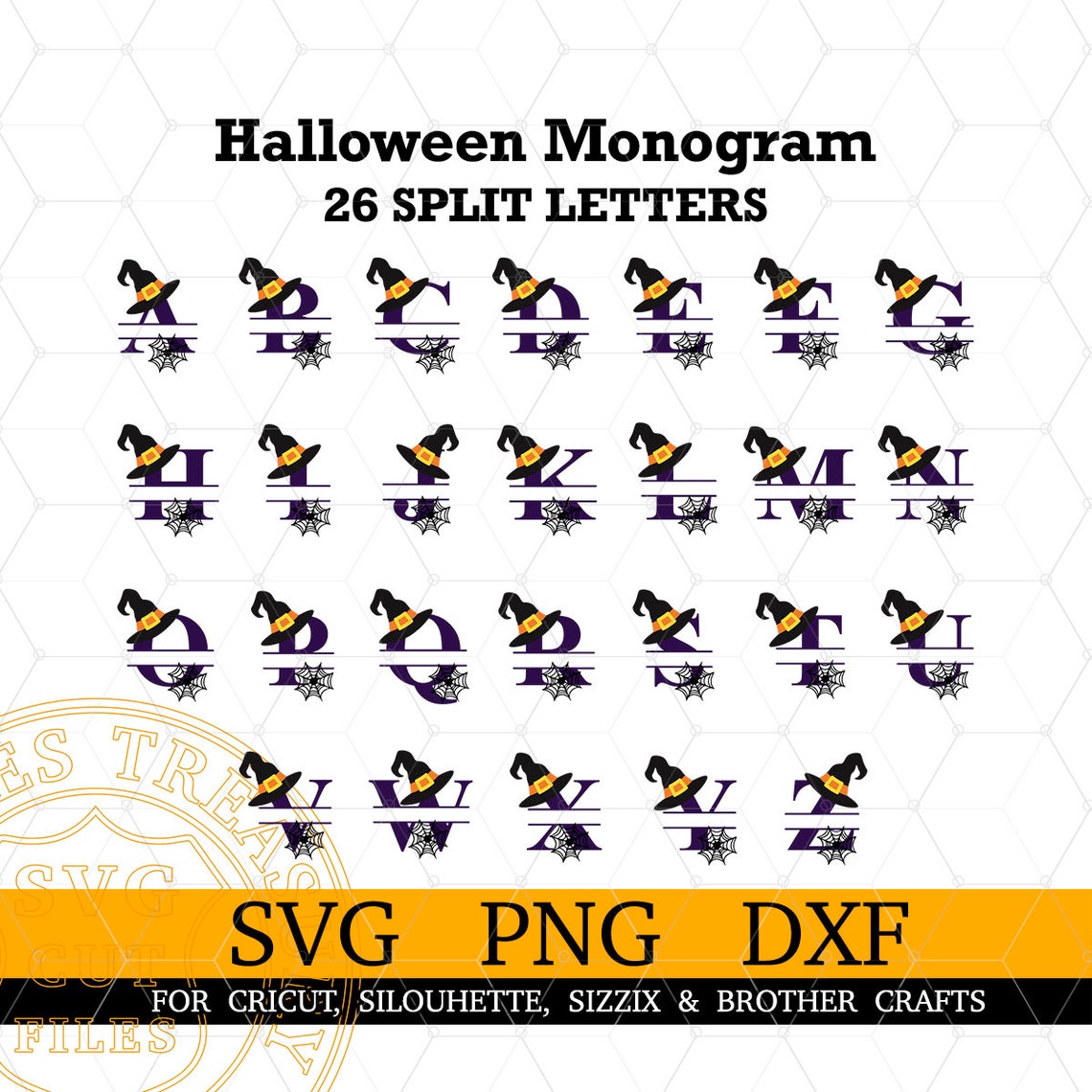 Halloween Font Svg, Split Monogram Alphabet Letters, Witch Hat Spider ...